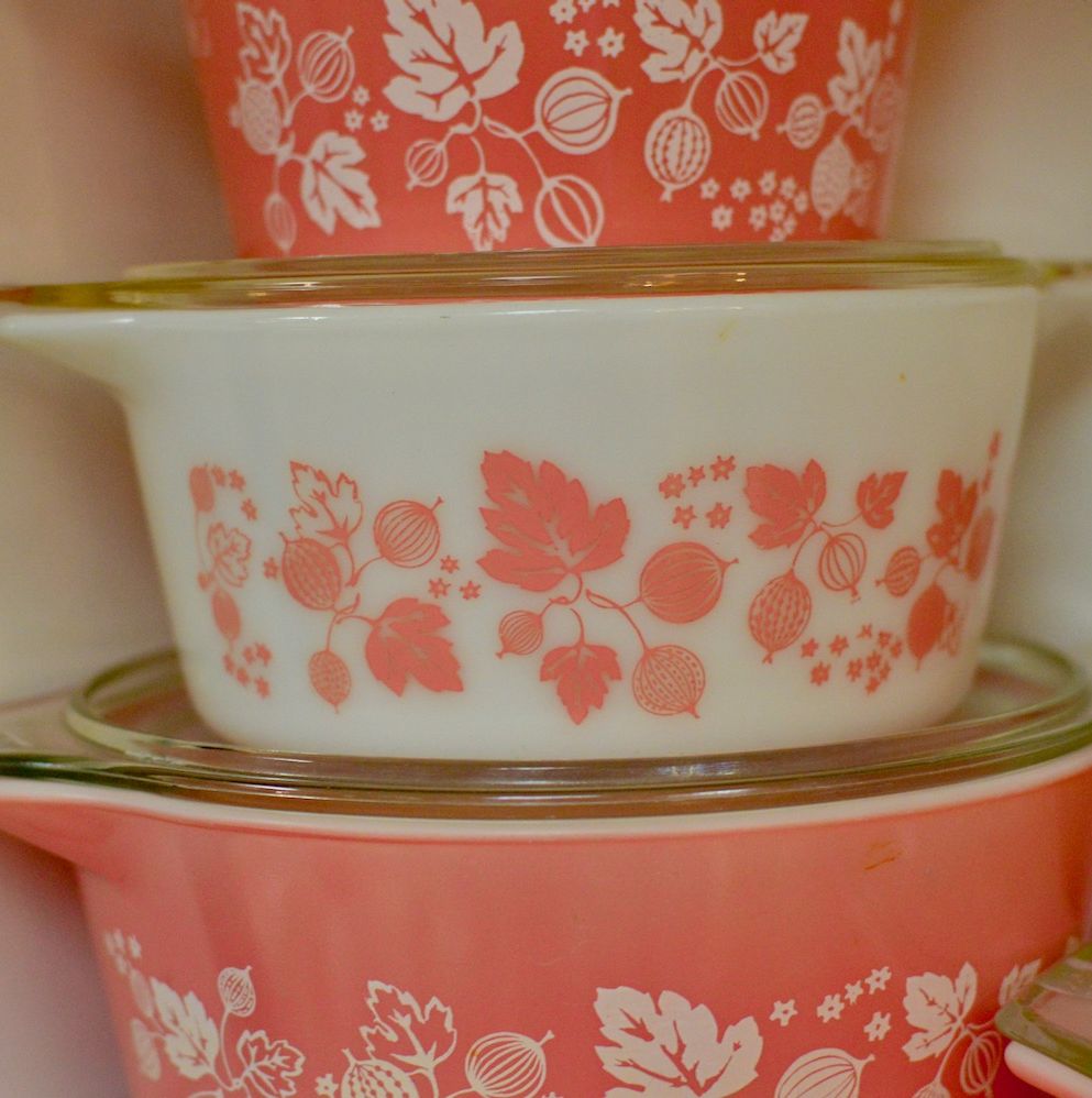 Covered white & pink Pyrex covered dish