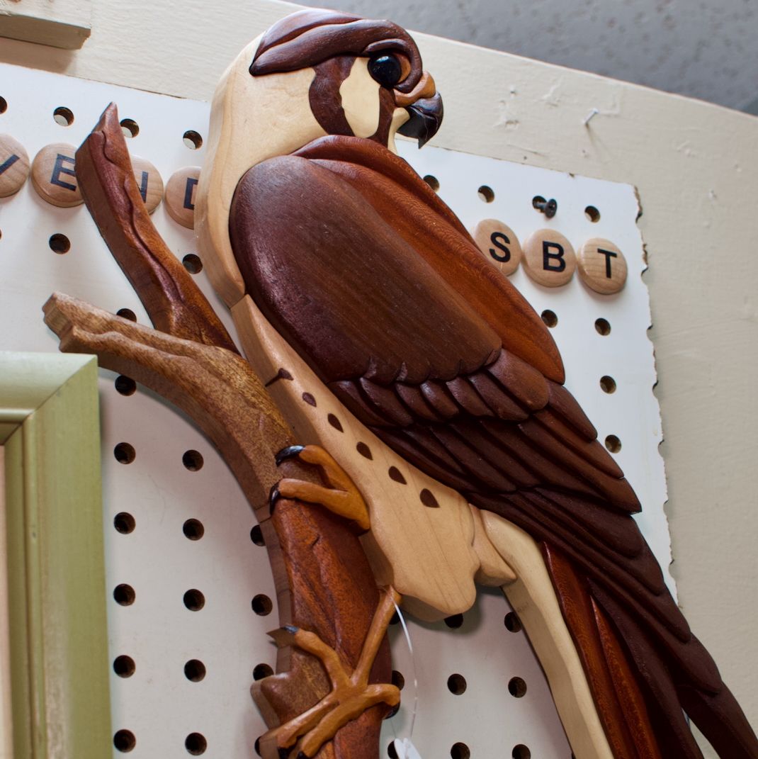 Falcon intarsia carved wood bird