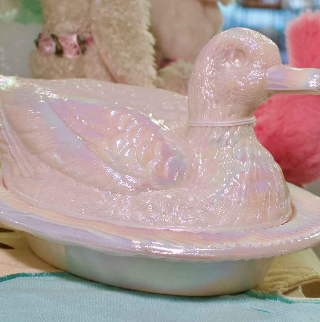 Iridescent milk glass duck butter dish