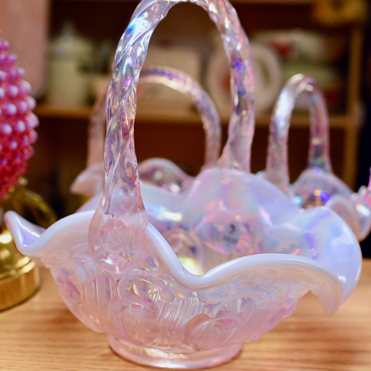 Pink Fenton basket bowl